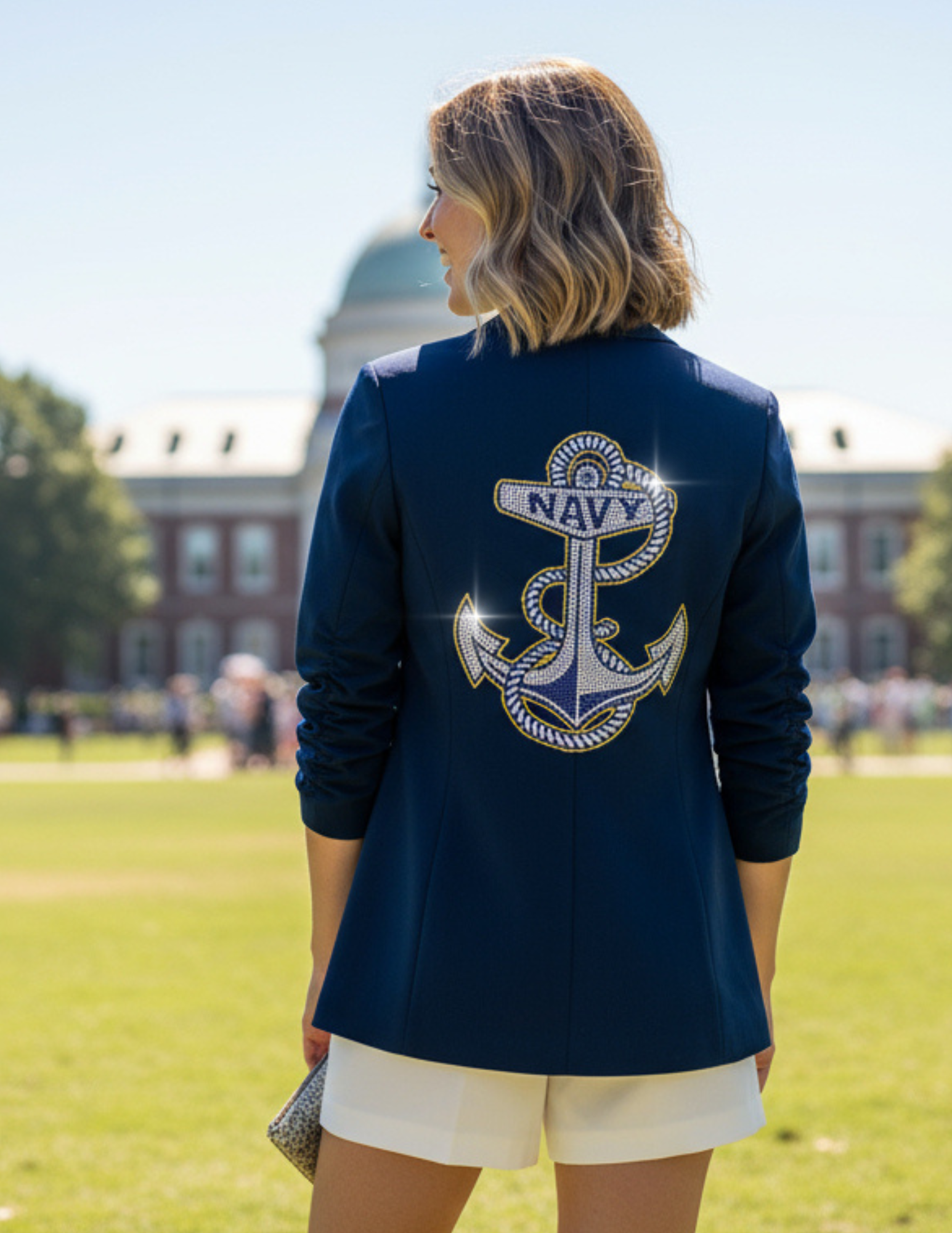 Naval Academy Anchor Navy Ruched Sleeve Blazer | Moving Forward Designs